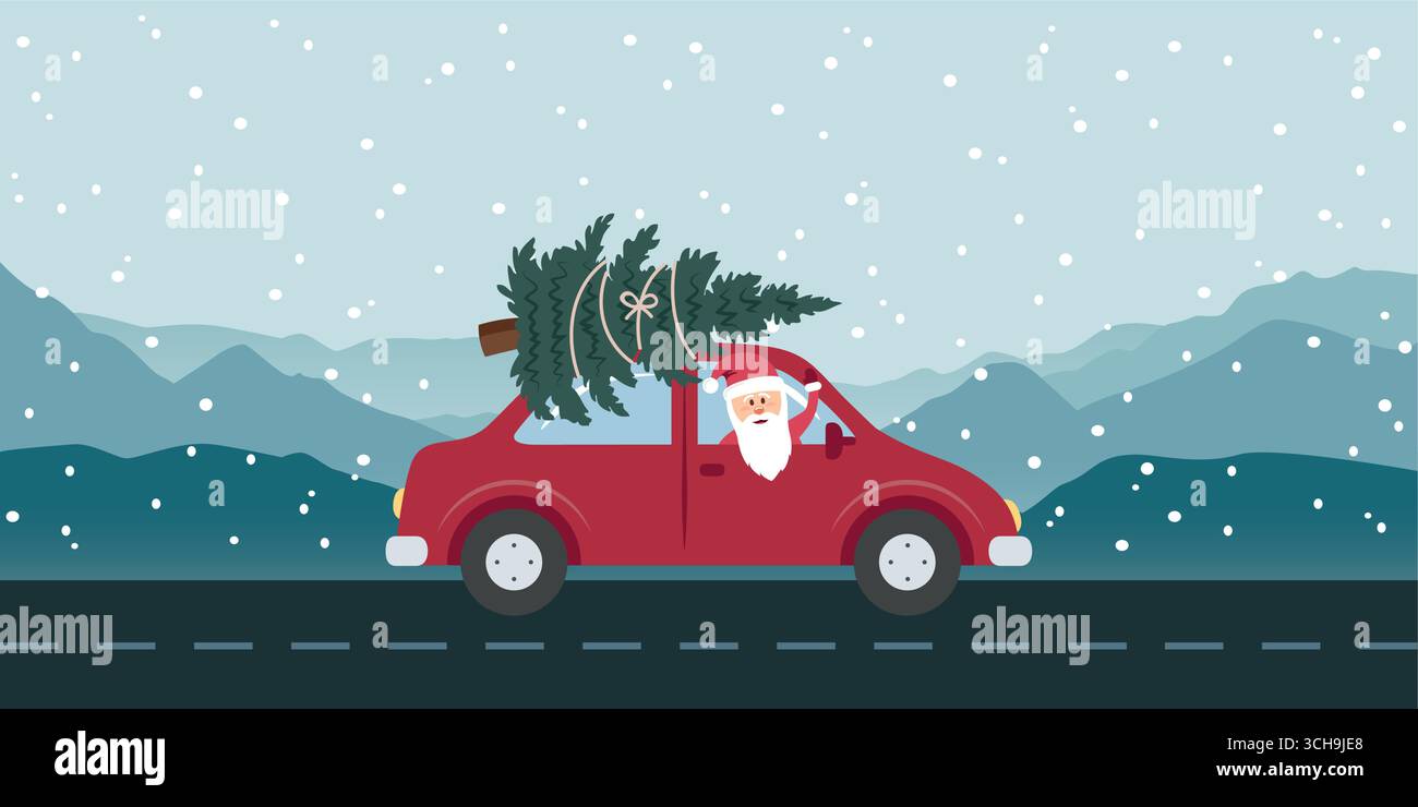 santa drive with red car and christmas tree in snowy winter landscape ...