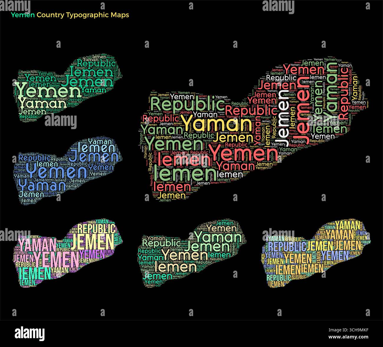 Yemen. Set of typography style country illustrations. Yemen map shape ...