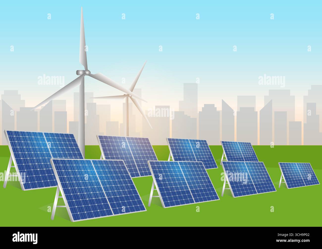 Green City Environment with Solar Panels and Wind Turbines ...