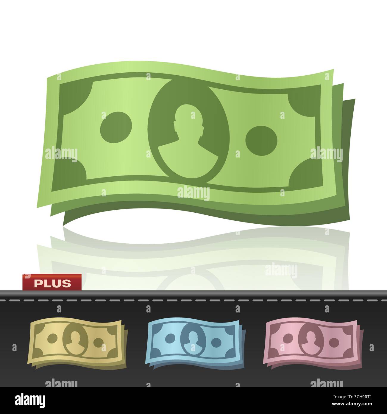 Vector illustration of a green bundle of money and three colorful ...