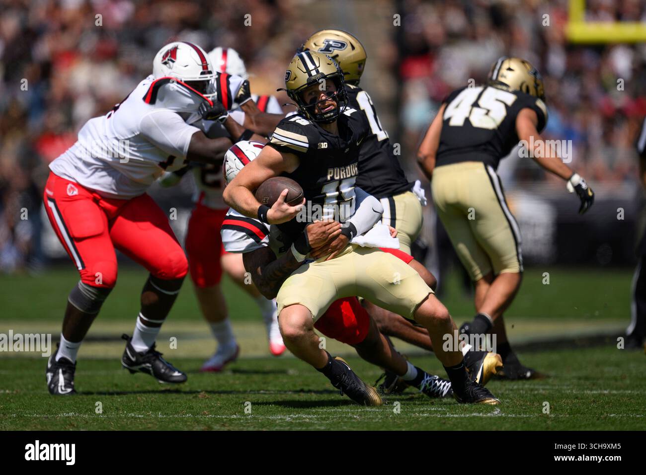 WEST LAFAYETTE, IN - AUGUST 30: Ball State University defensive end ...