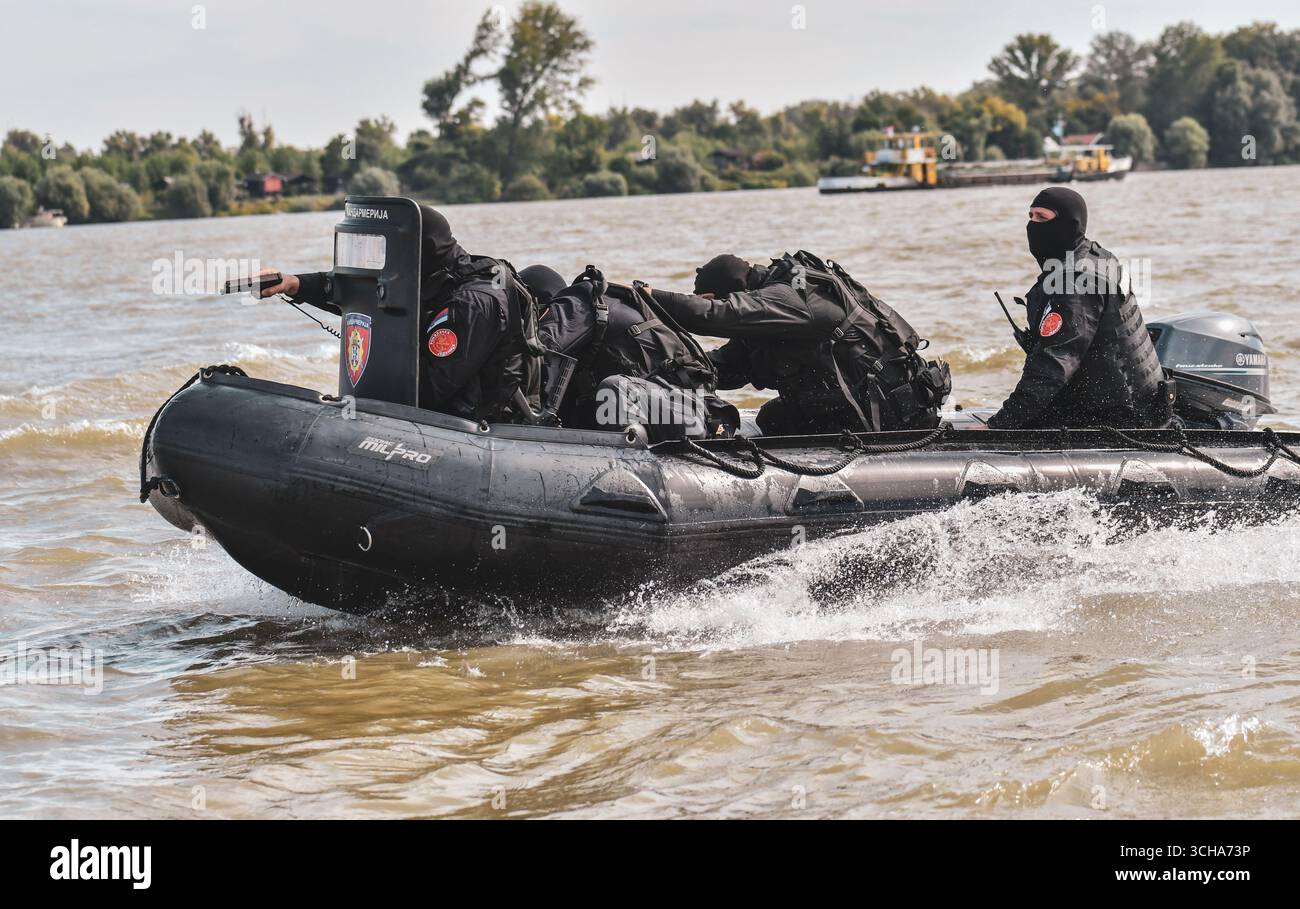 Special police units on a boat during a tactical operation, officers ...