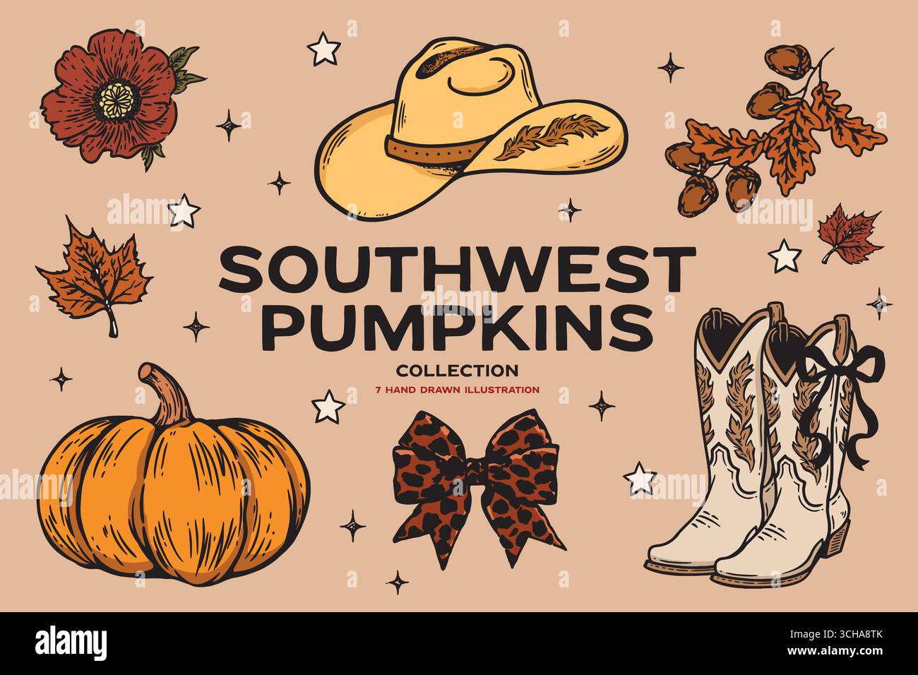 Hand Drawn Southwest Pumpkins and Western Fall Collection Stock Vector ...