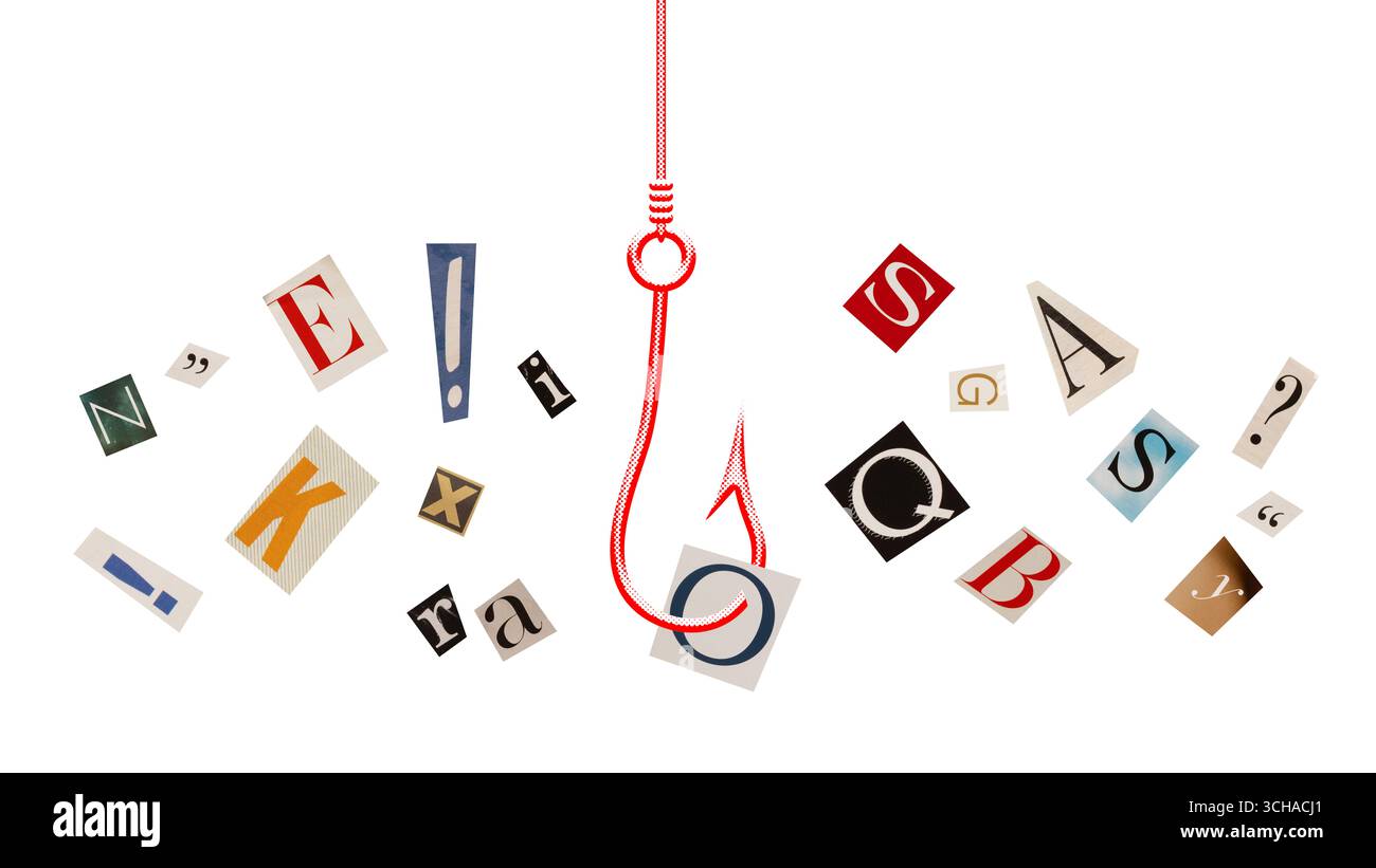 Creative collage. Red hook catching cutout letters in ransom style ...