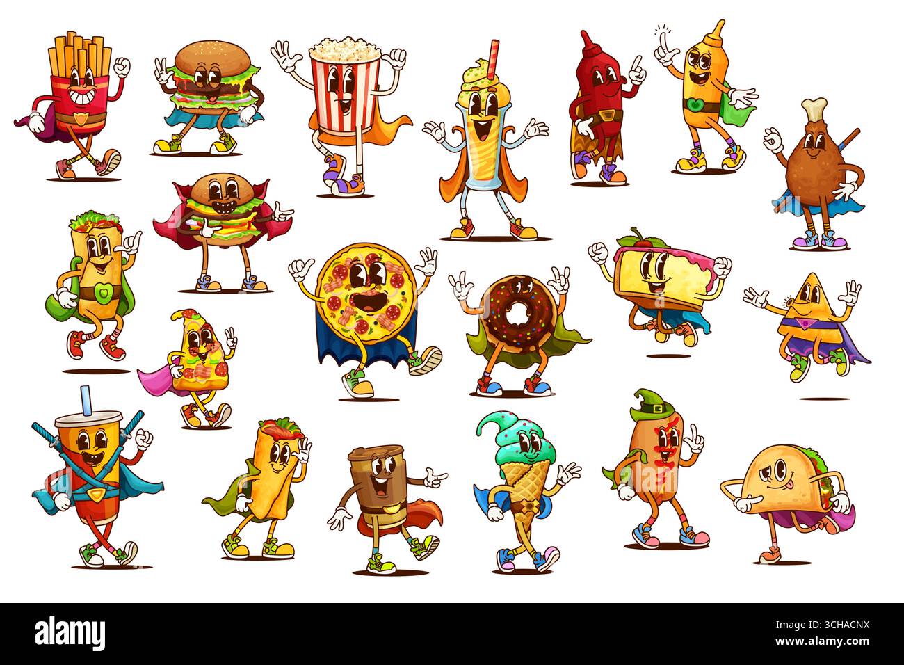 Cartoon groovy fast food characters of retro hippie burger, pizza, hot ...