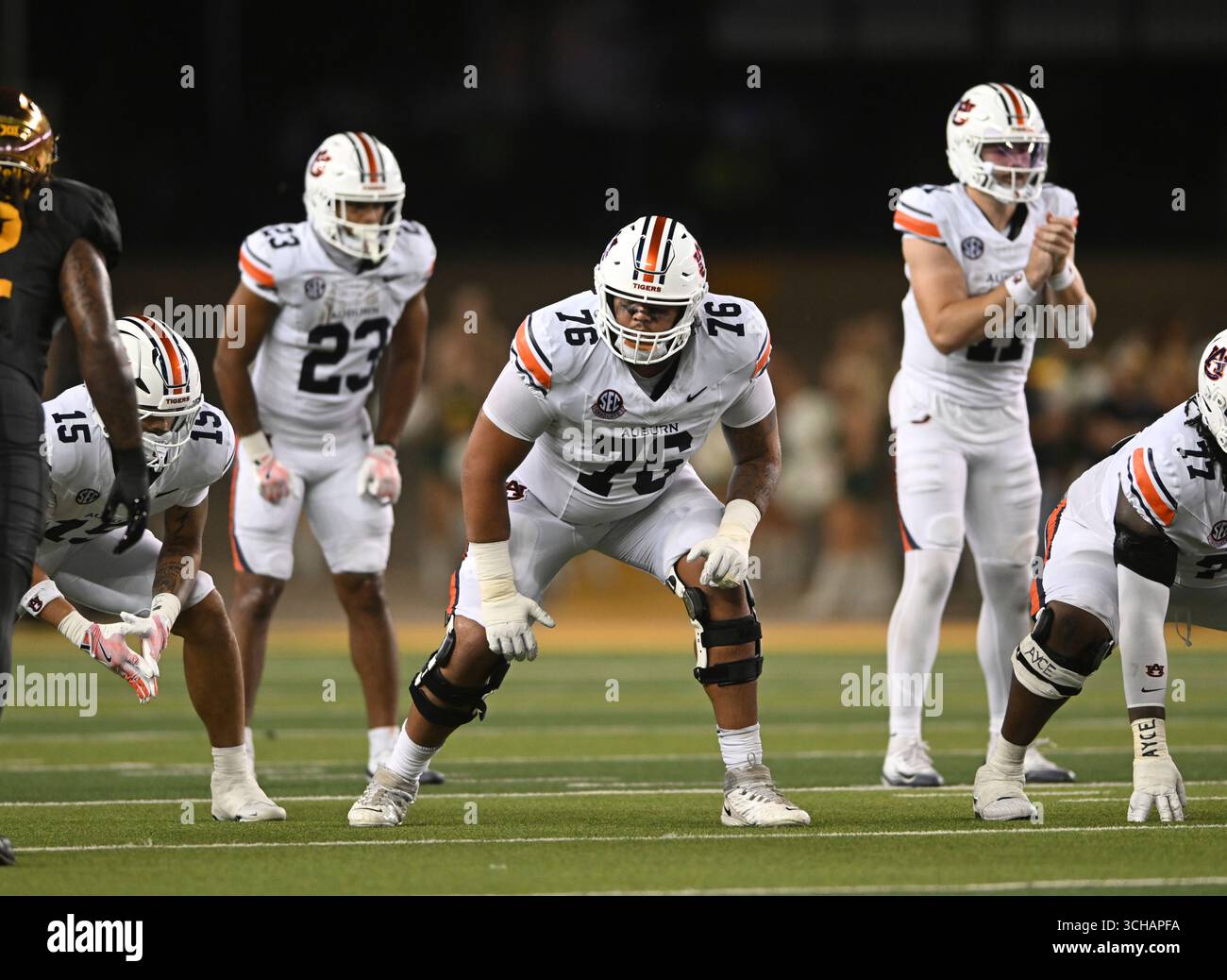 WACO, TX - August 29: Auburn Tigers guard Mason Murphy (76) gets ready ...