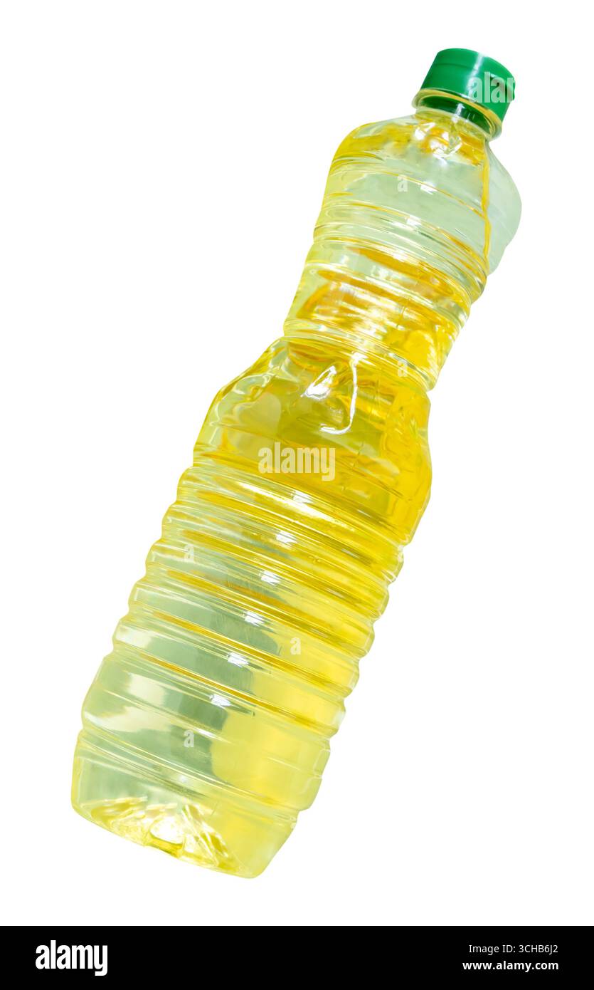 Refined vegetable oil or soybean oil in transparent plastic bottle is ...