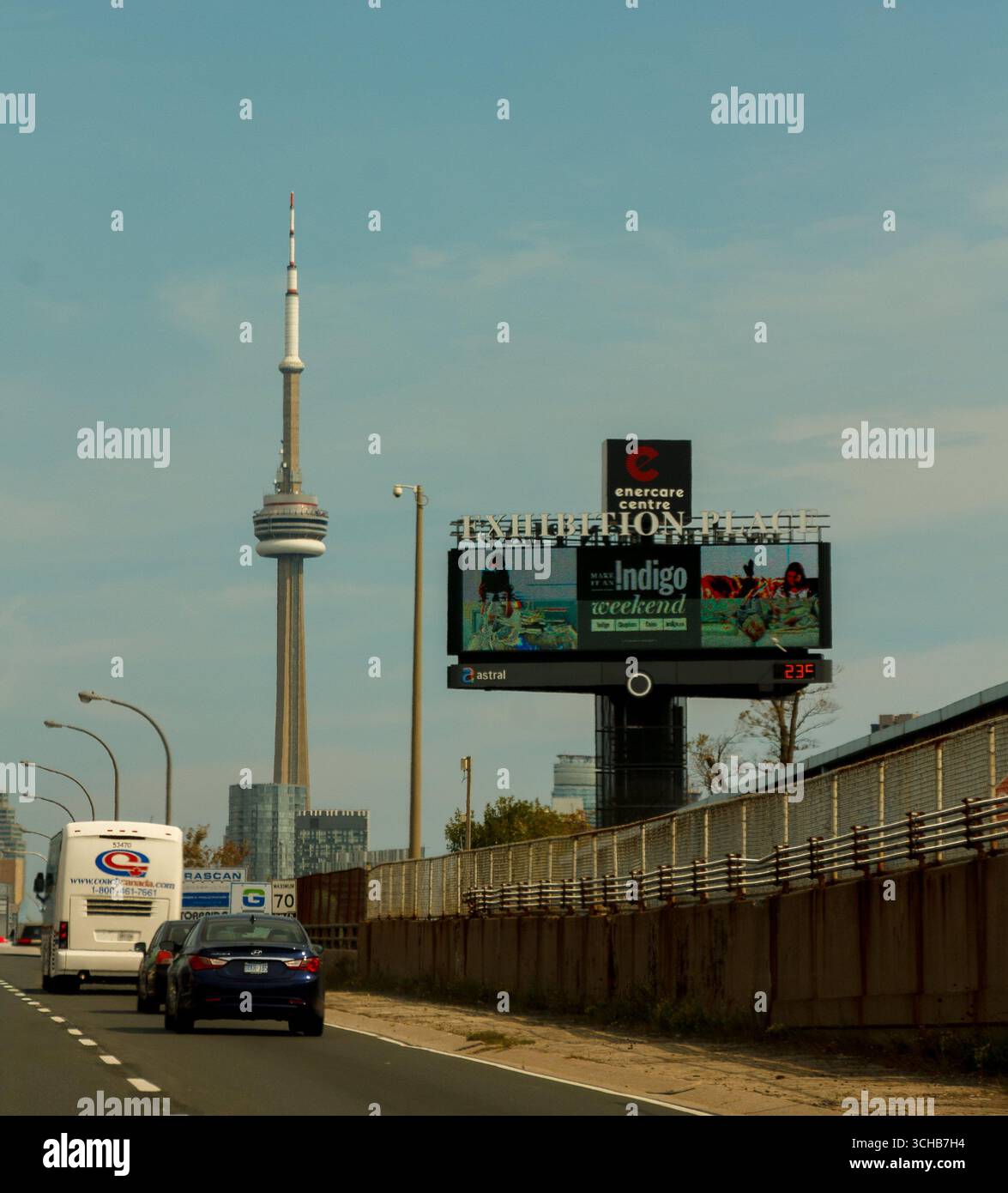 The Toronto skyline skyscrapers and CN tower from the highway, Ontario ...