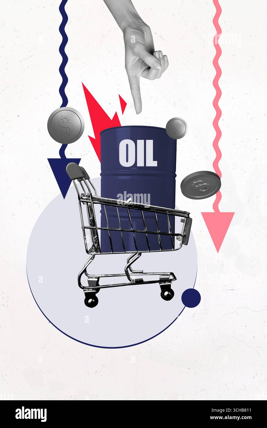 Trendy poster 3d vertical artwork collage of human hand point oil barrel arrow regress ...