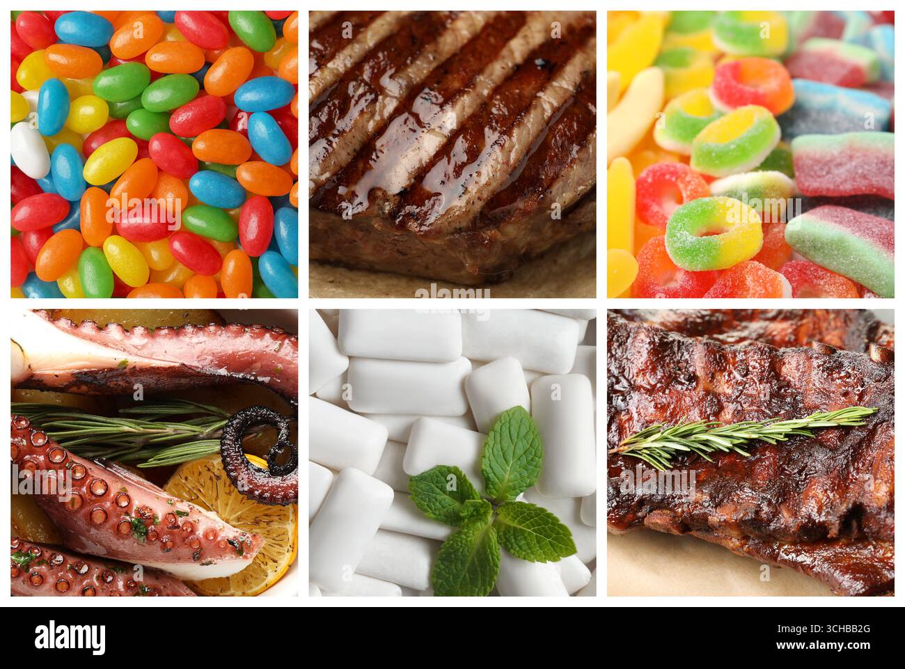 Food with chewy texture. Dishes, gum and candies, collage Stock Photo ...