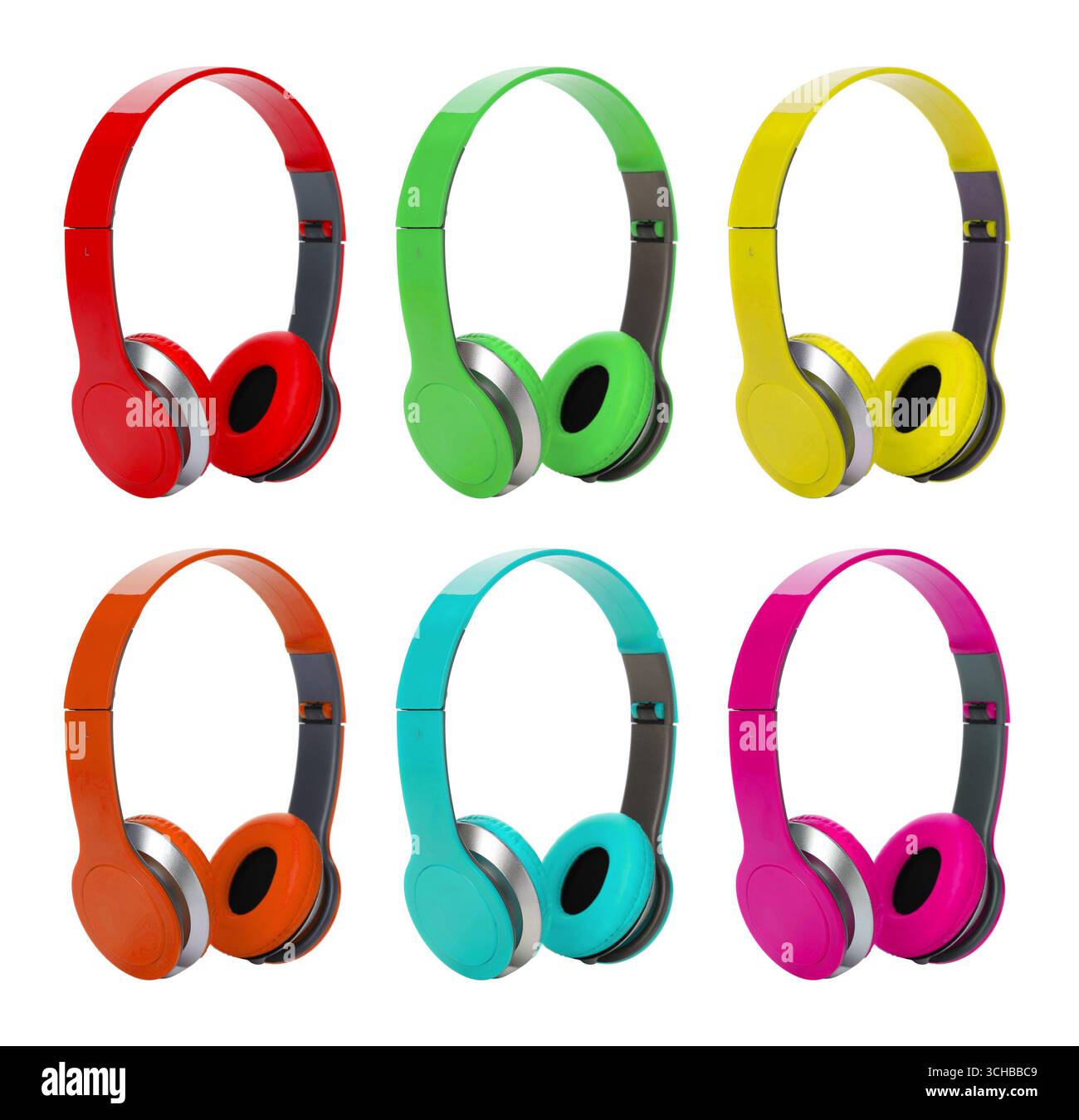 Modern headphones in different colors on white background, set Stock ...