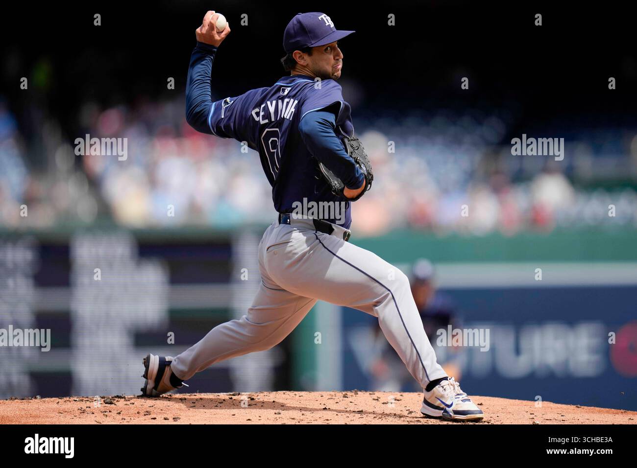 Tampa Bay Rays starting pitcher Ian Seymour throws to the Washington ...