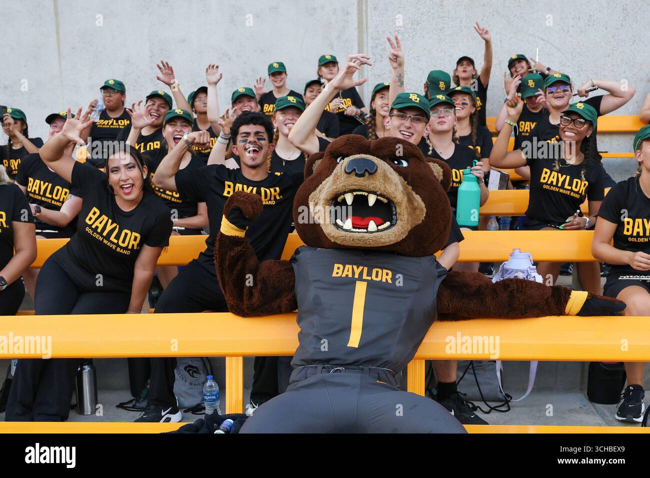 WACO, TX - AUGUST 29: Bruiser the mascot sits with members of the ...