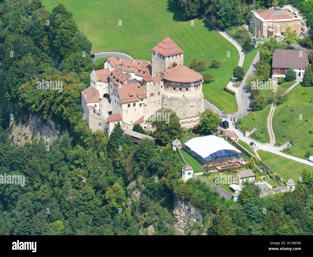 AERIAL VIEW. The medieval castle of Vaduz. Liechtenstein Stock Photo ...