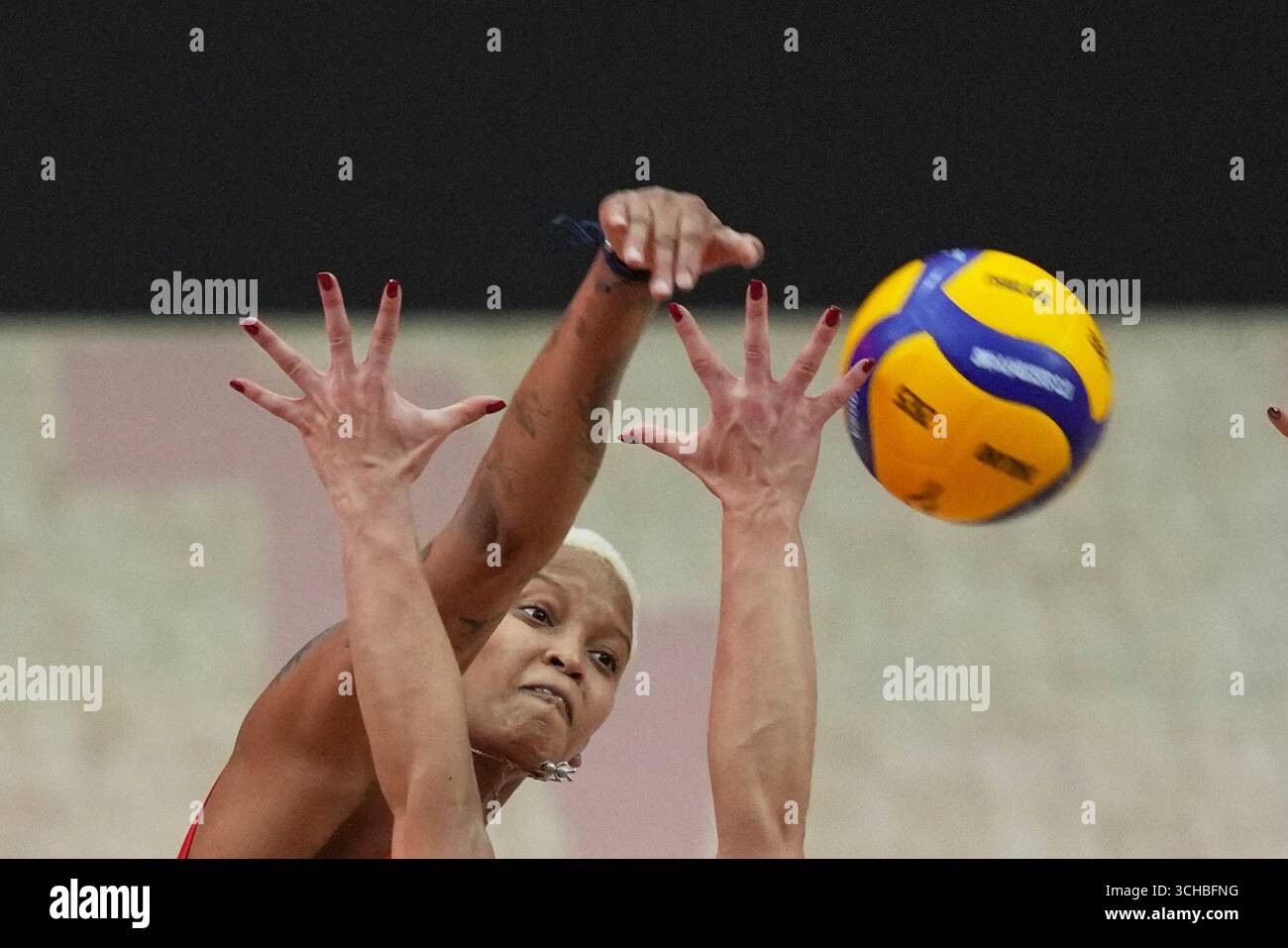 Turkey's Melissa Teresa Vargas spikes the ball against Slovenia's ...