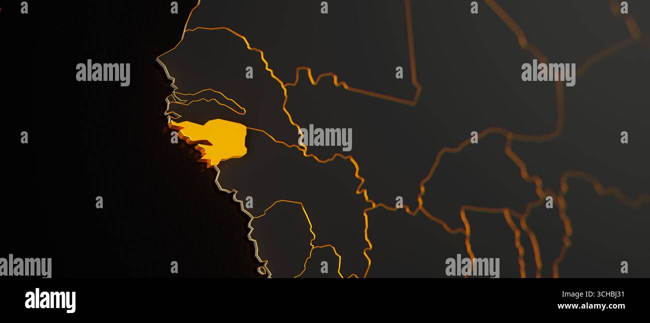 Golden Guinea-Bissau 3d map surrounded with other countries in black ...