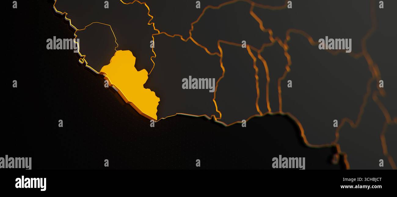 Golden Liberia 3d map surrounded with other countries in black with ...