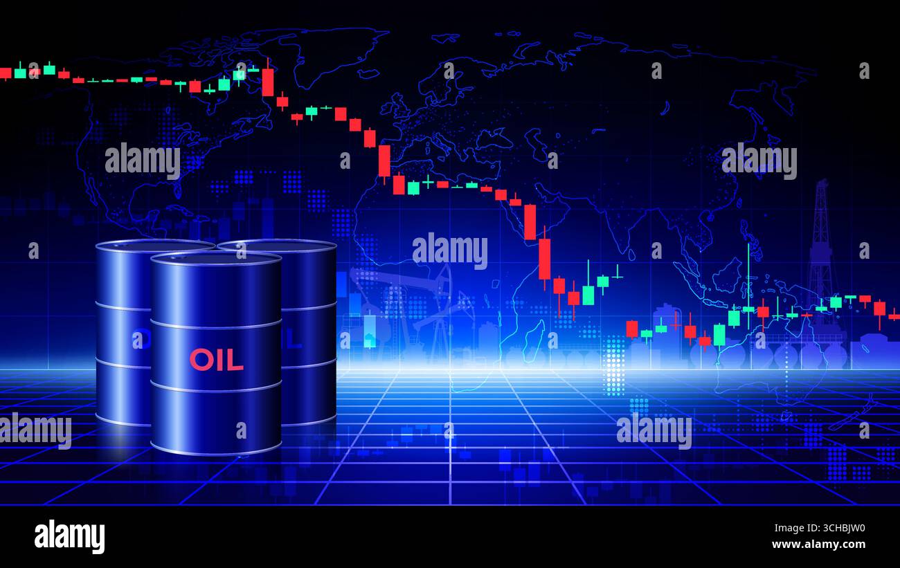 Chart of falling oil prices per barrel. Crude oil barrels on dark ...