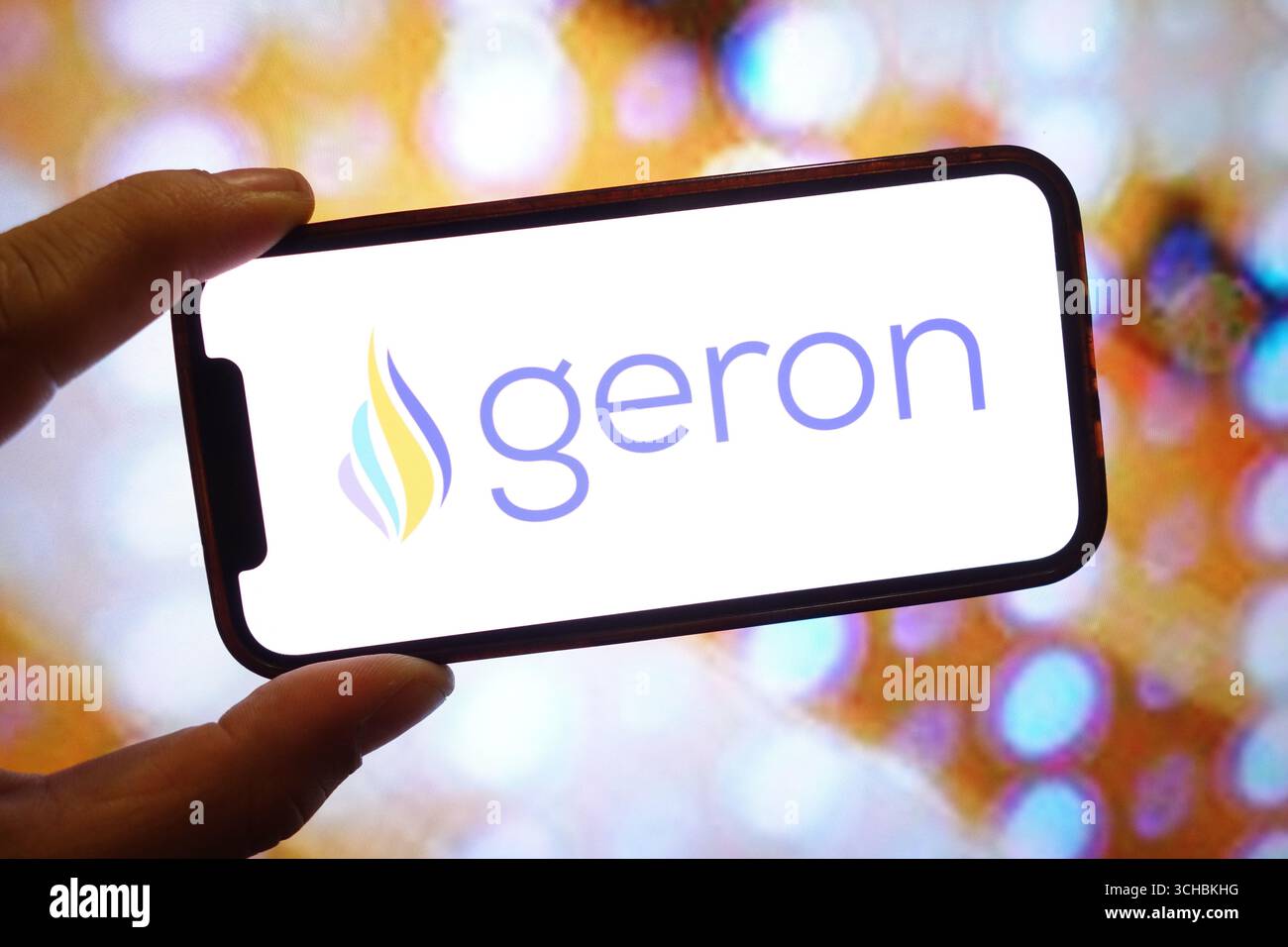 In this photo illustration, a Geron company logo is seen displayed on a ...