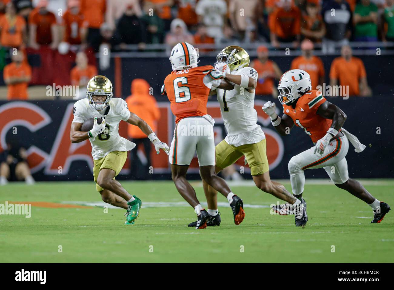 Miami, FL: Notre Dame Fighting Irish wide receiver Jordan Faison (6) runs with the ball during ...