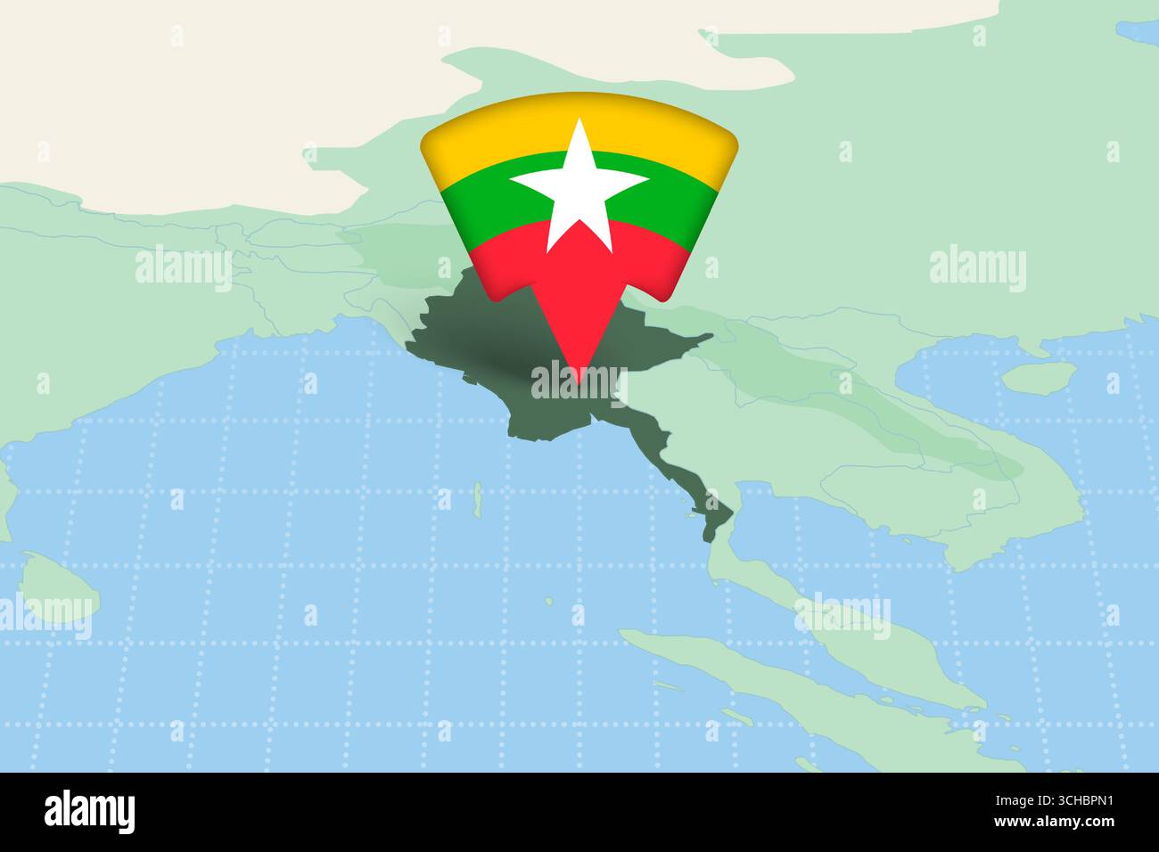 Myanmar Location Highlighted on Asian Map with Flag Icon. Detailed ...