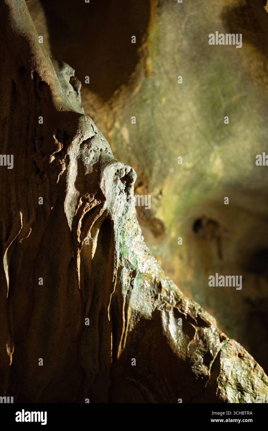 Unique rock formation with intricate textures and patterns, softly ...