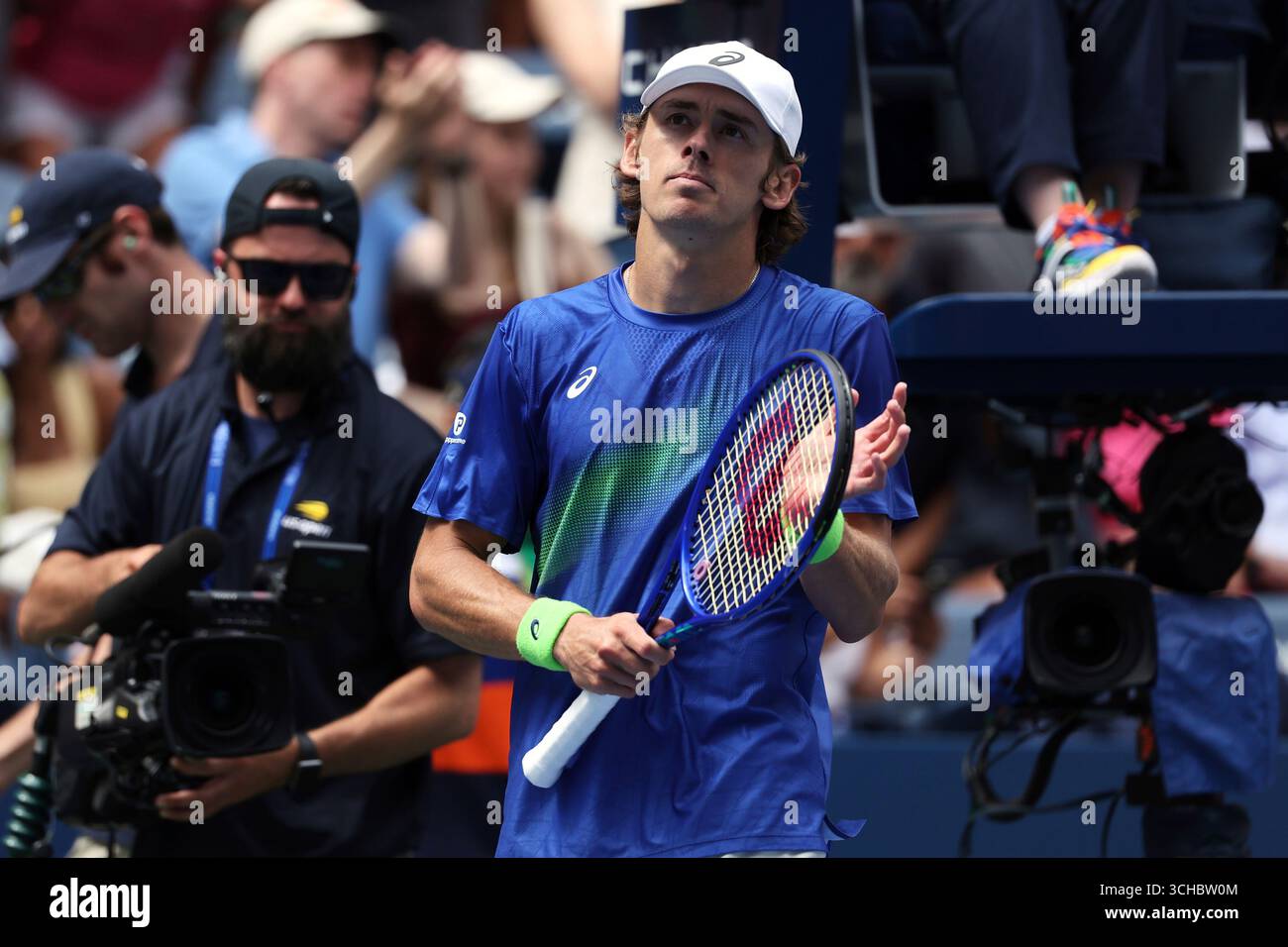 Alex de Minaur, of Australia, reacts after winning his match against Leandro Riedi, of ...