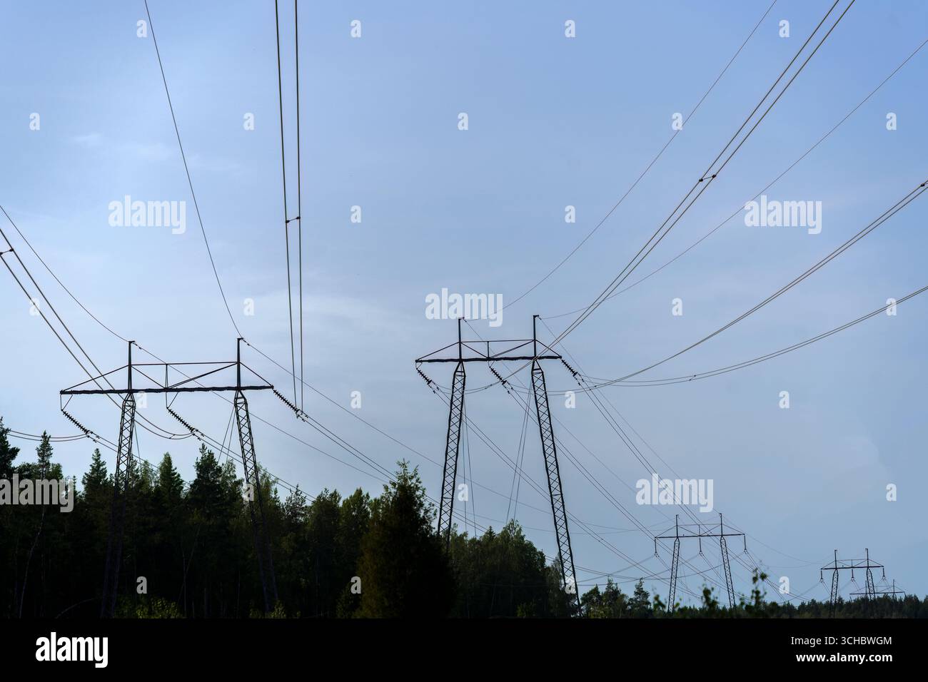 High voltage power lines stretching across a clear sky over a forest ...