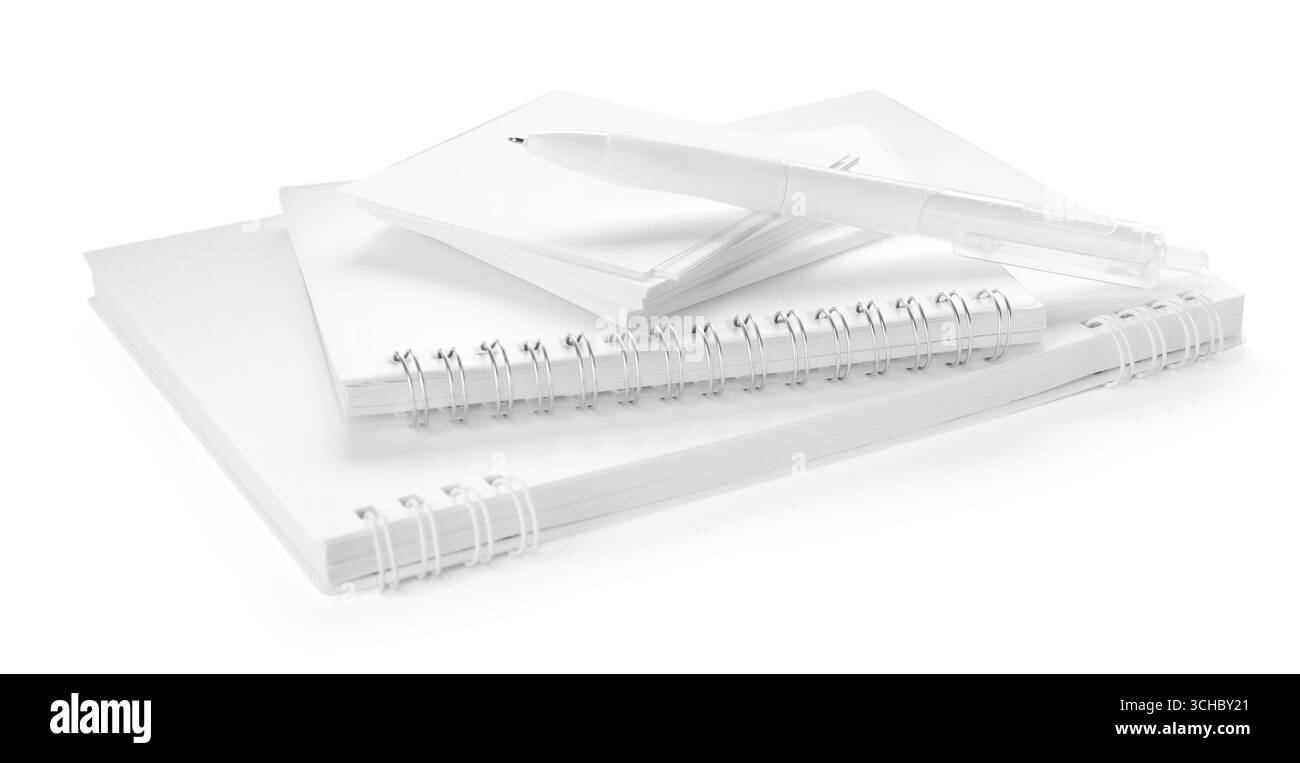 Notebooks, paper notes and pen isolated on white Stock Photo - Alamy