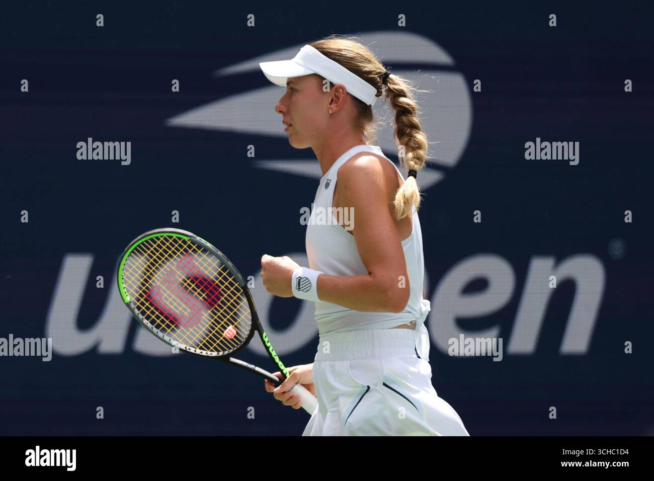 Ekaterina Alexandrova, of Russia, reacts during a match against Iga Swiatek, of Poland, in the ...