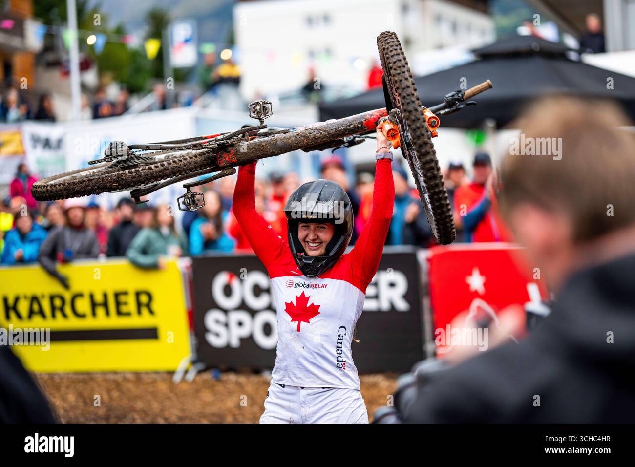 Elly Hoskin, of Canada, celebrates winning the UCI MTB Enduro Women ...