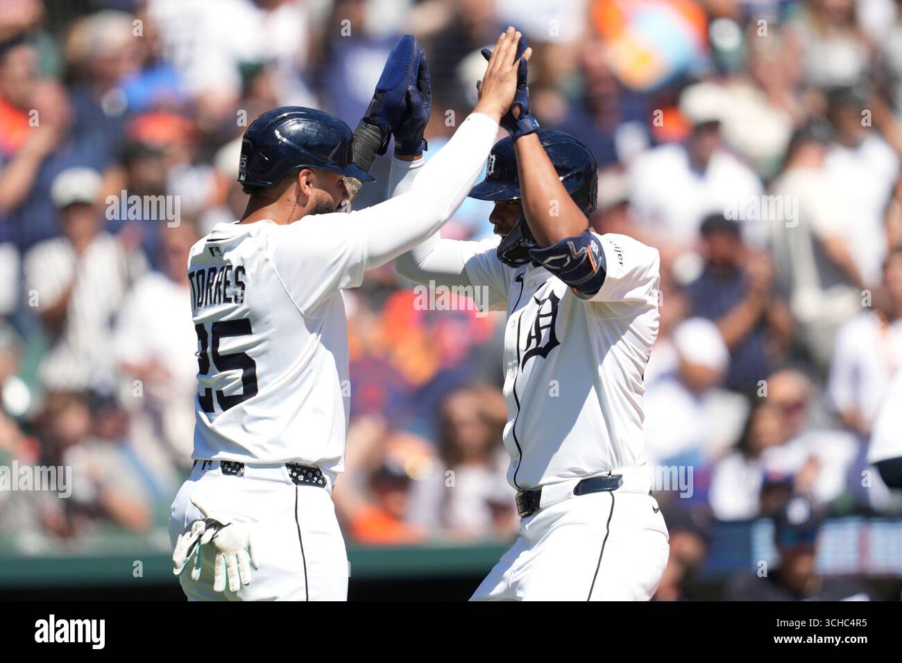 Detroit Tigers' Wenceel Pérez, right, celebrates his two-run home run ...