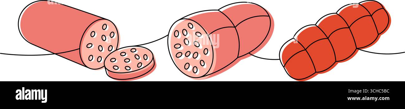 Sausage with slices, raw sausage, pork sausage one line colored ...