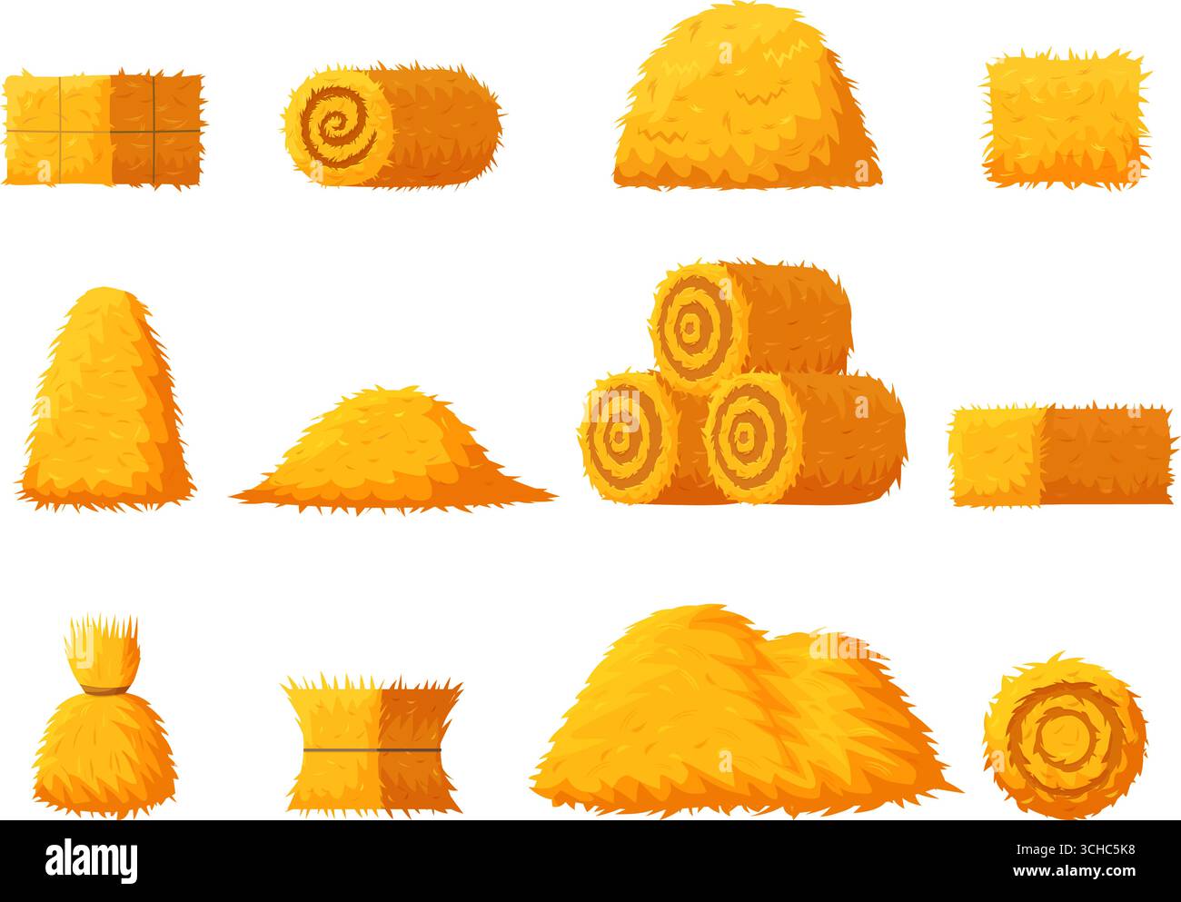 Cartoon hay collection. Yellow dry grass in bales, haystacks shapes ...