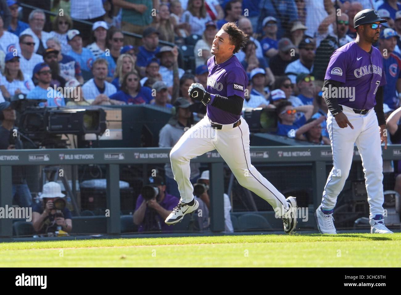 August 31 2025: Colorado right fielder Mickey Moniak (22) hits a triple ...