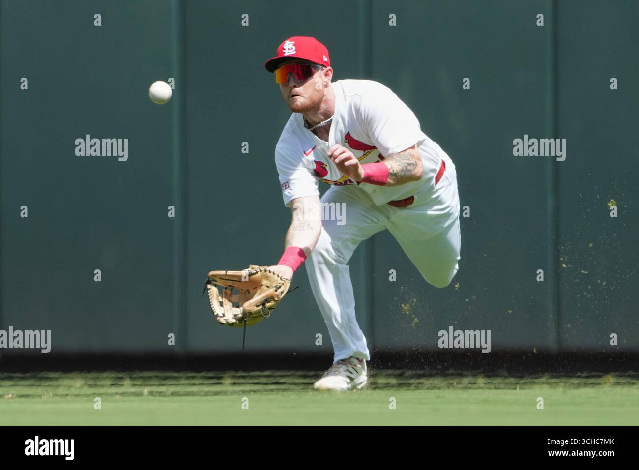 St. Louis Cardinals center fielder Nathan Church dives and catches a ...