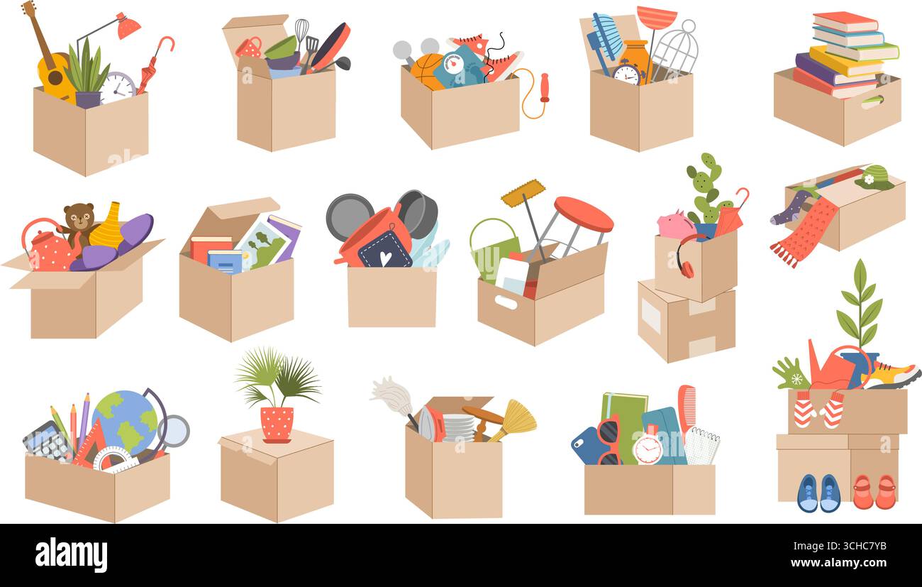 Moving boxes. Books office documents and different home supplies in ...