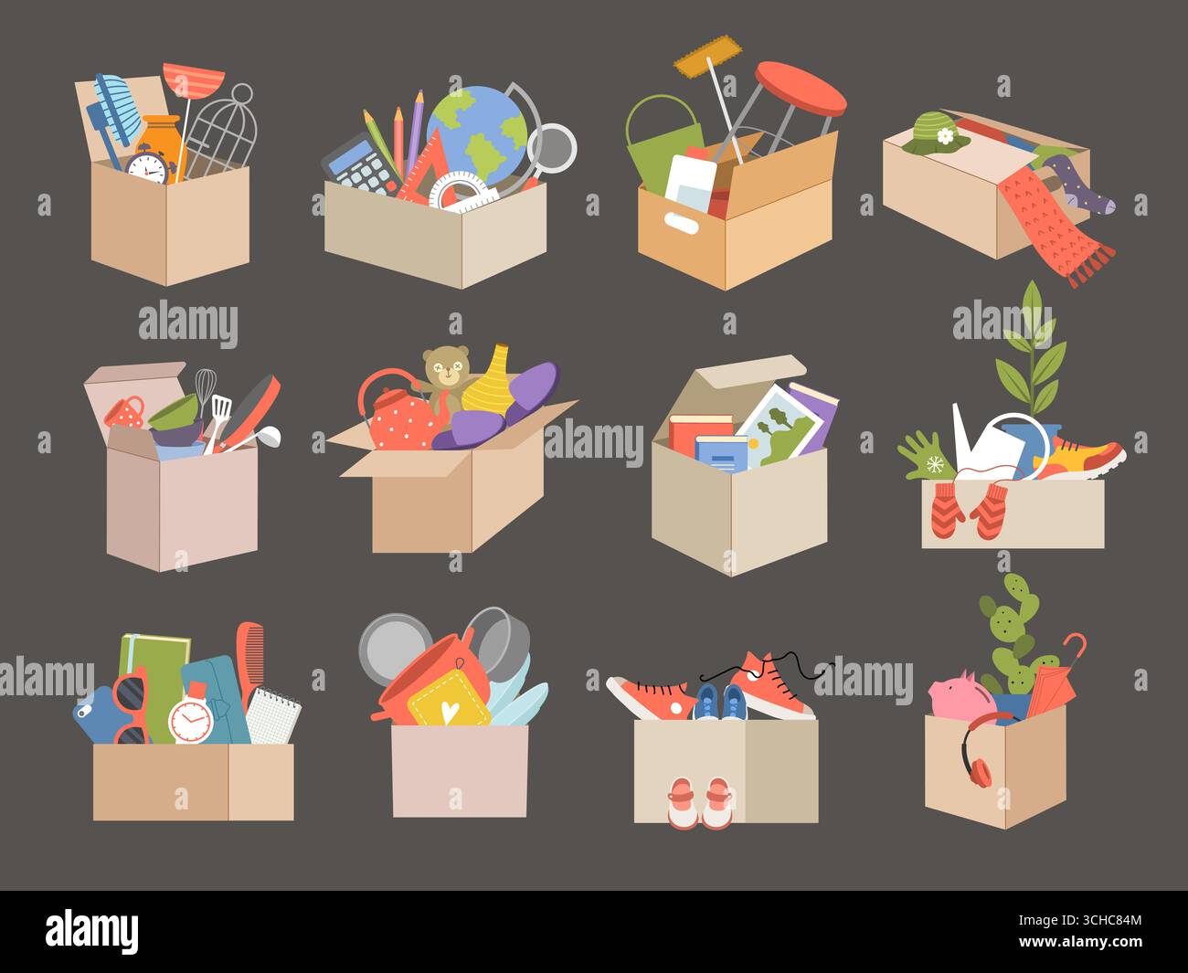 Cardboard boxes. Office supplies in boxes for moving recent vector ...