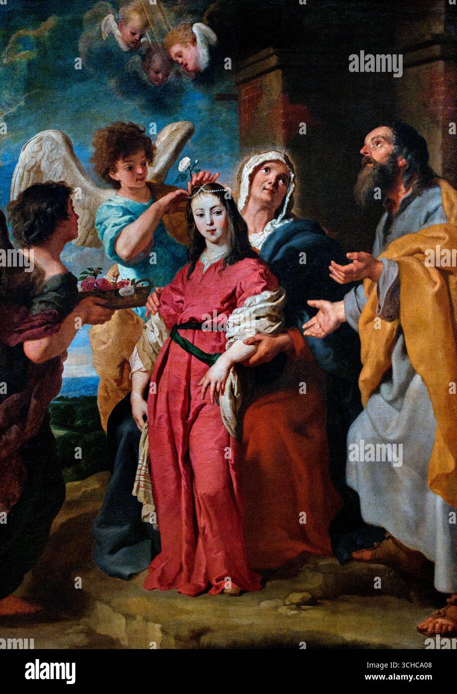 The youthful Virgin angels arrayed in front of Joachim and Saint Anne ...