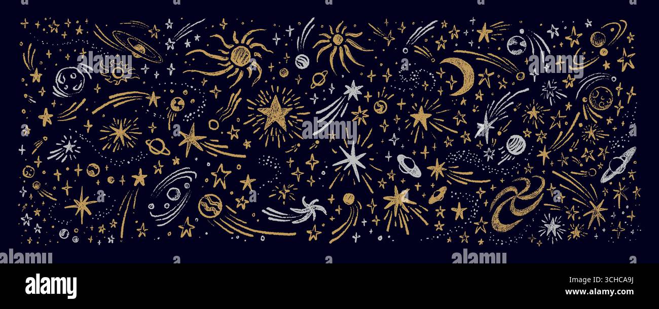 Hand drawn crayon gold and silver sketch outer space luxury background ...