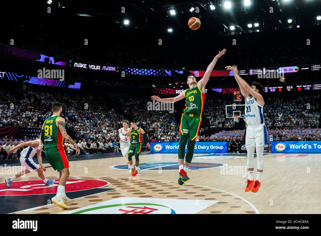 250901 Azuolas Tubelis of Lithuania and Edon Maxhuni of Finland during the FIBA Eurobasket 2025 ...