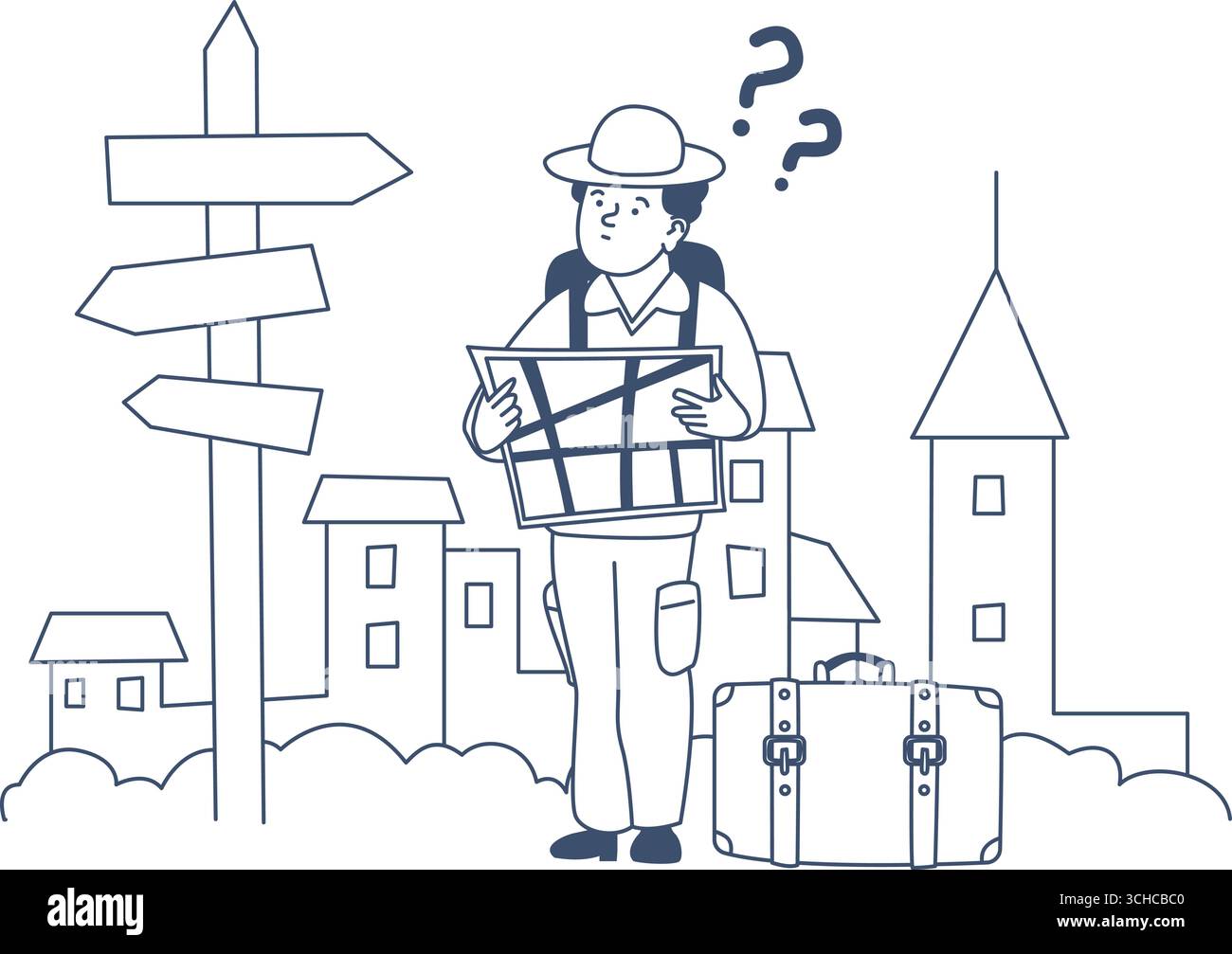 Lost traveler. Tourist with backpack stand with map near destination ...