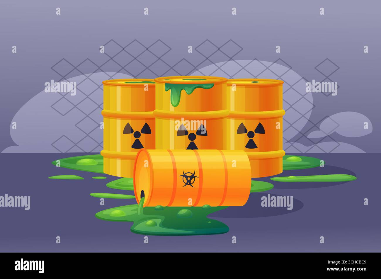 Barrels with hazard liquid. Yellow metal barrel with chemical toxic ...