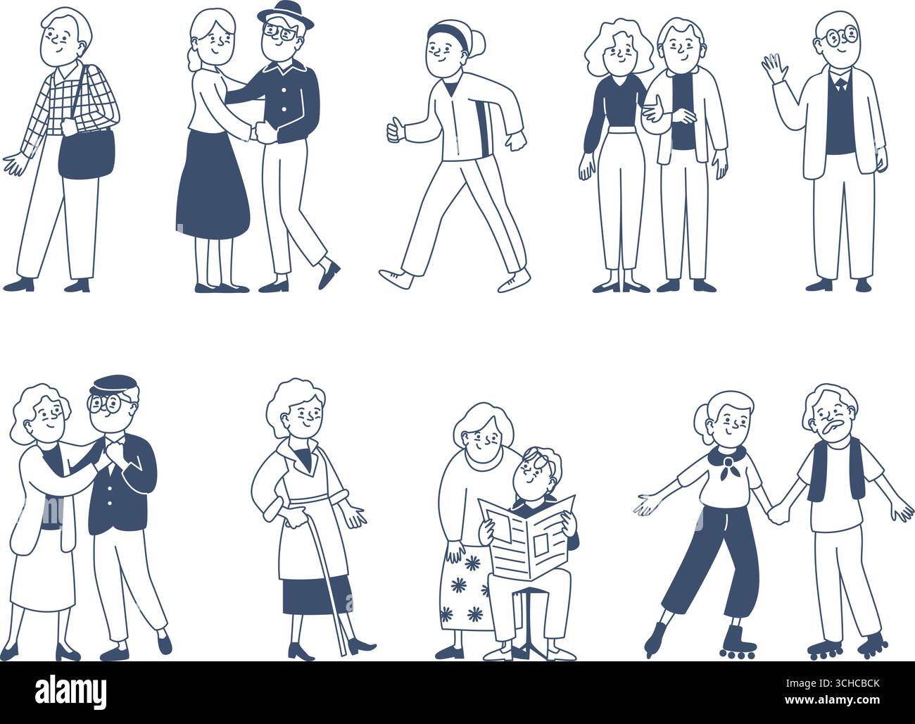 Doodle elderly characters. Old people different activities, walking ...