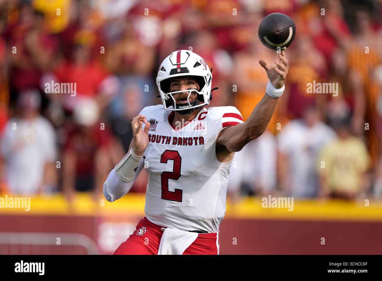 South Dakota quarterback Aidan Bouman (2) sends a pass downfield during ...