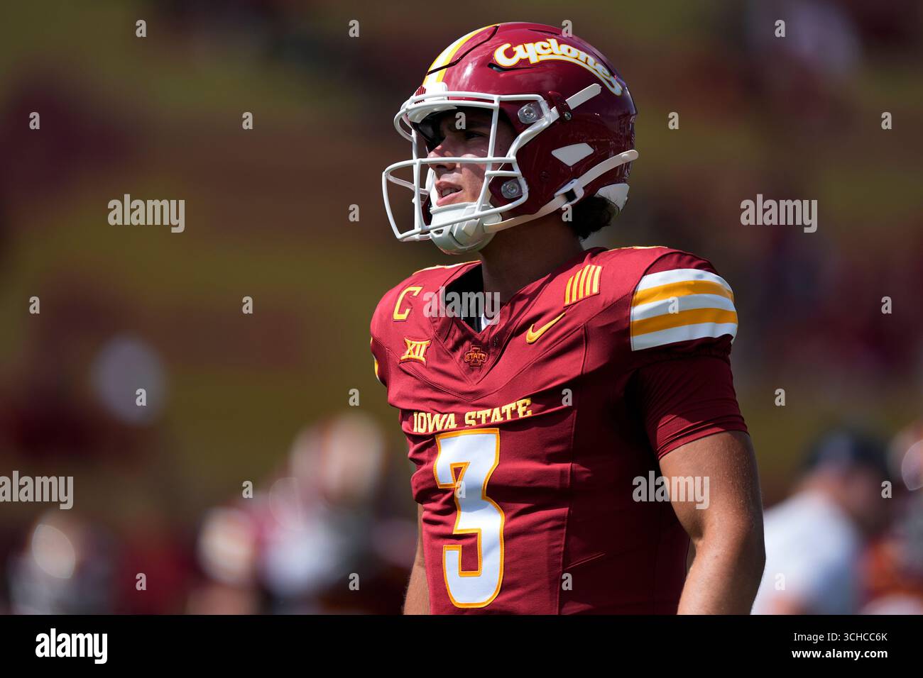 Iowa State quarterback Rocco Becht (3) during warm ups before an NCAA ...