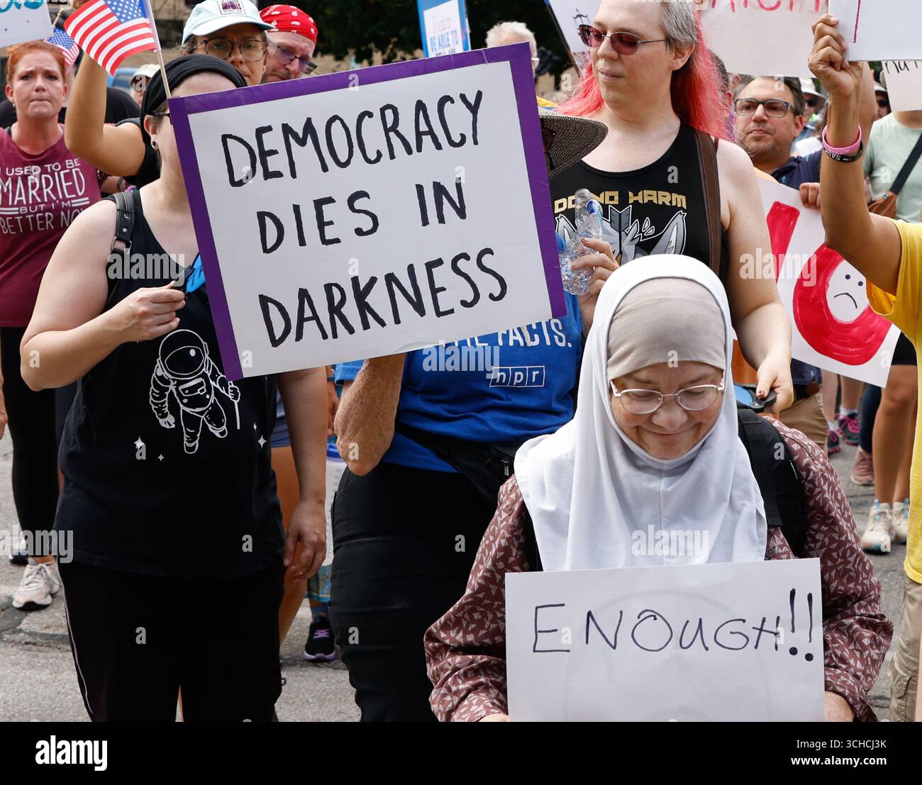 Hundreds gathered to protest President Donald Trump during the Memorial ...