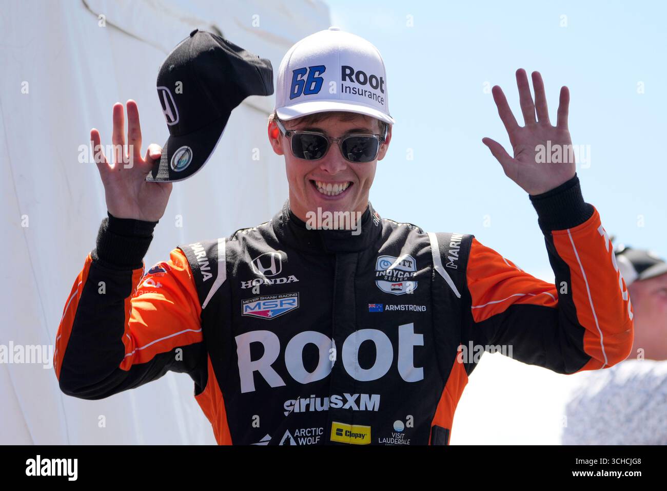 Marcus Armstrong is introduced before an IndyCar auto race Sunday, Aug ...