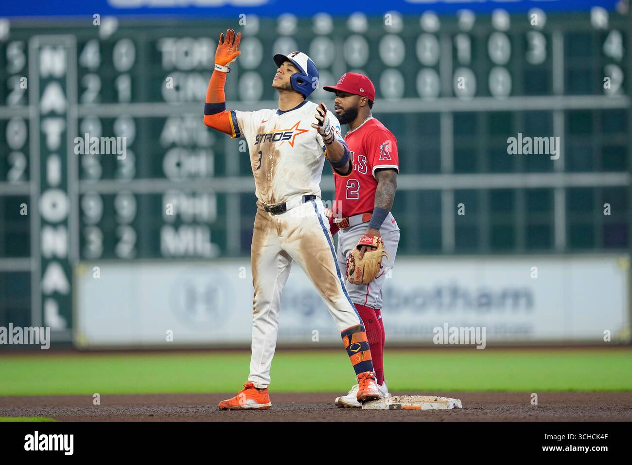 Houston Astros' Jeremy Peña (3) celebrates after hitting a RBI double ...