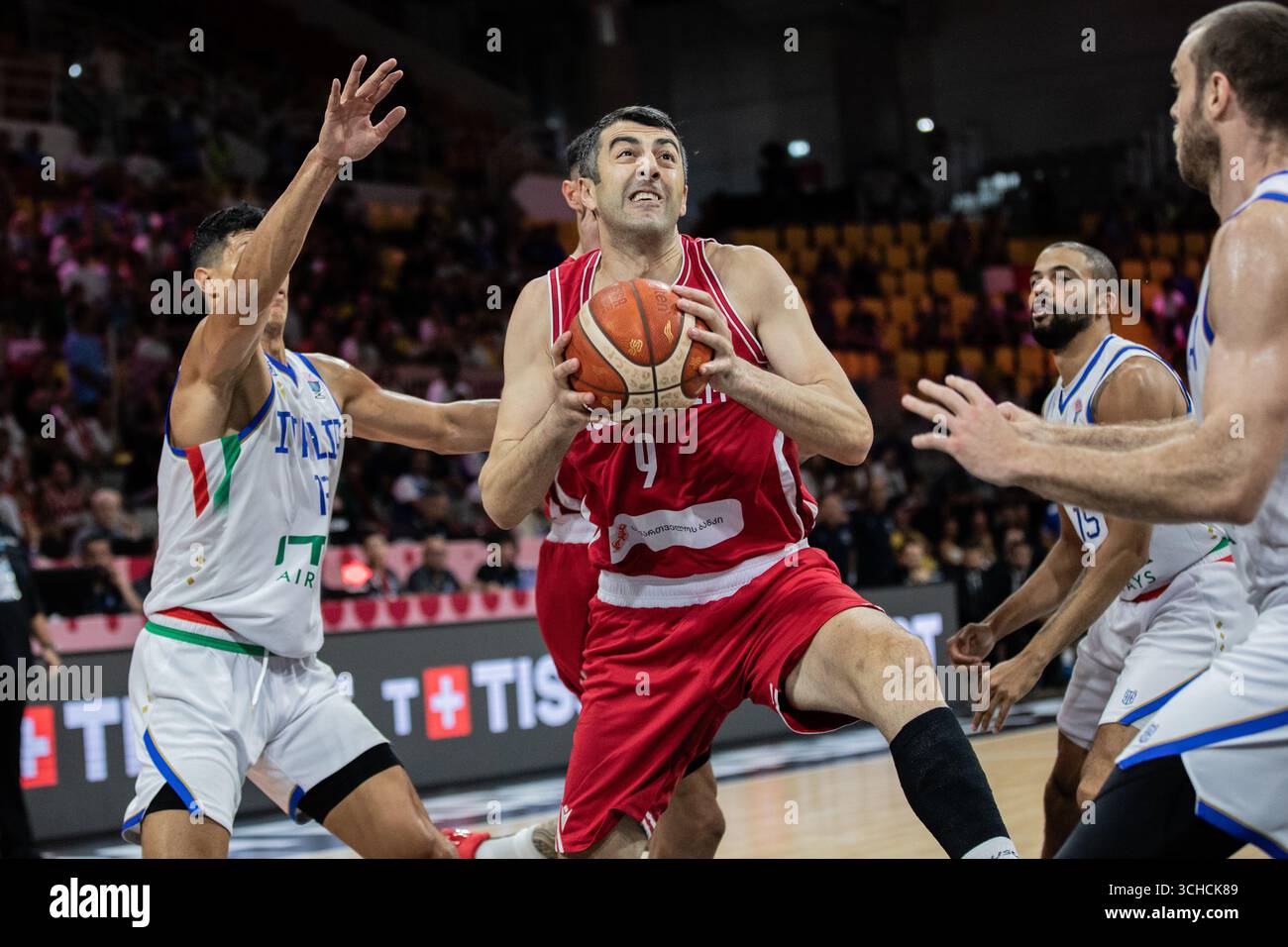 Giorgi Shermadini (R) of Georgia and Simone Fontecchio (L) of Italy ...